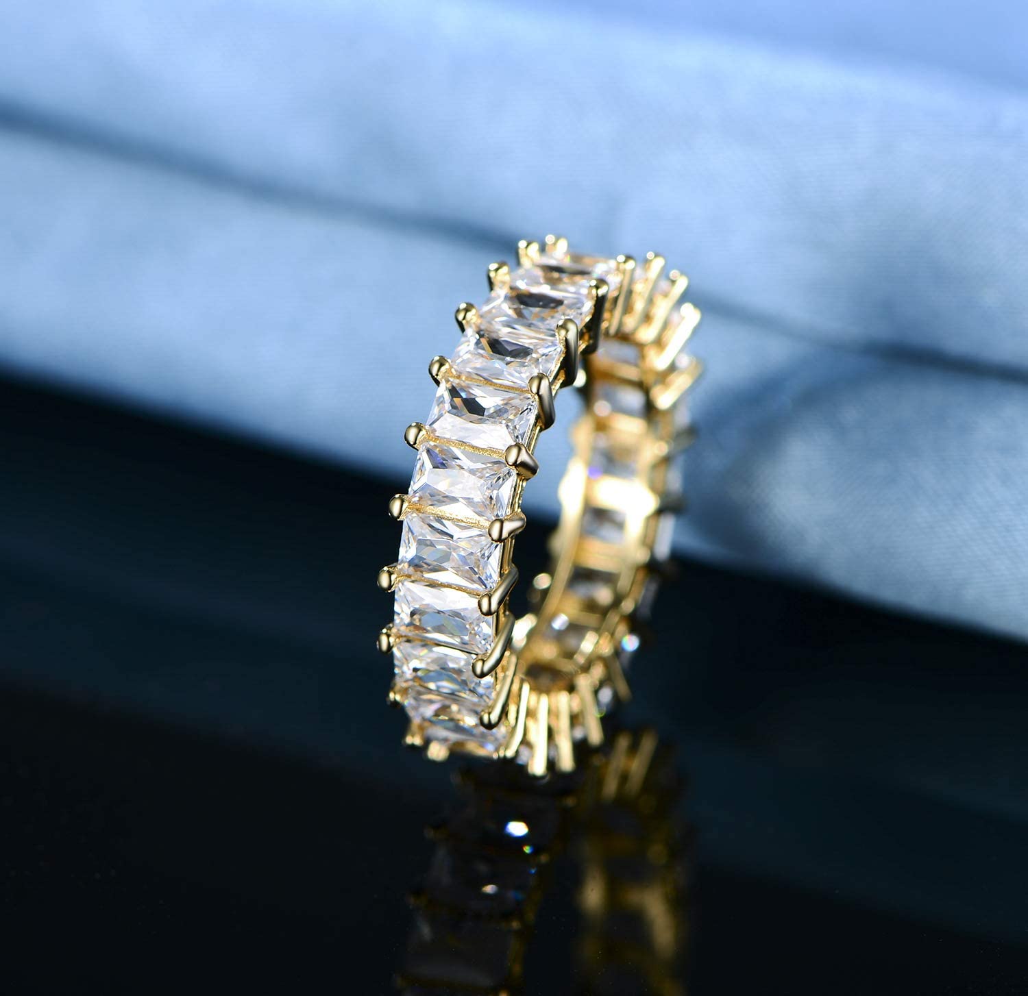 XBRN 14K Gold Plated Ring Cubic Zirconia Emerald Cut Statement Eternity Ring Band for Women men (7)
