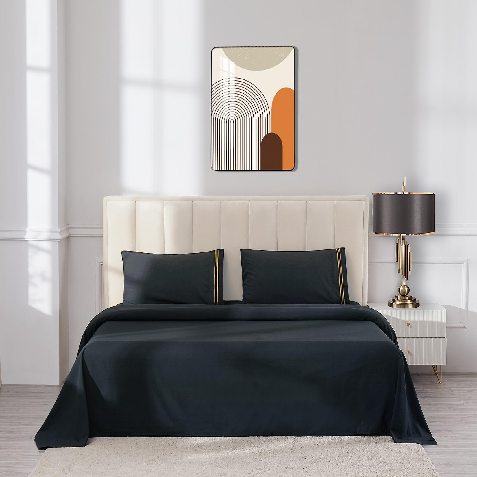 WODFAMY Microfiber Full Size Bed Sheet Set Extra Soft Deep Pockets Luxury Hotel Bed Sheets Breathable & Cooling Wrinkle Free 4 Piece Set Fulls Sheets Black&Gold