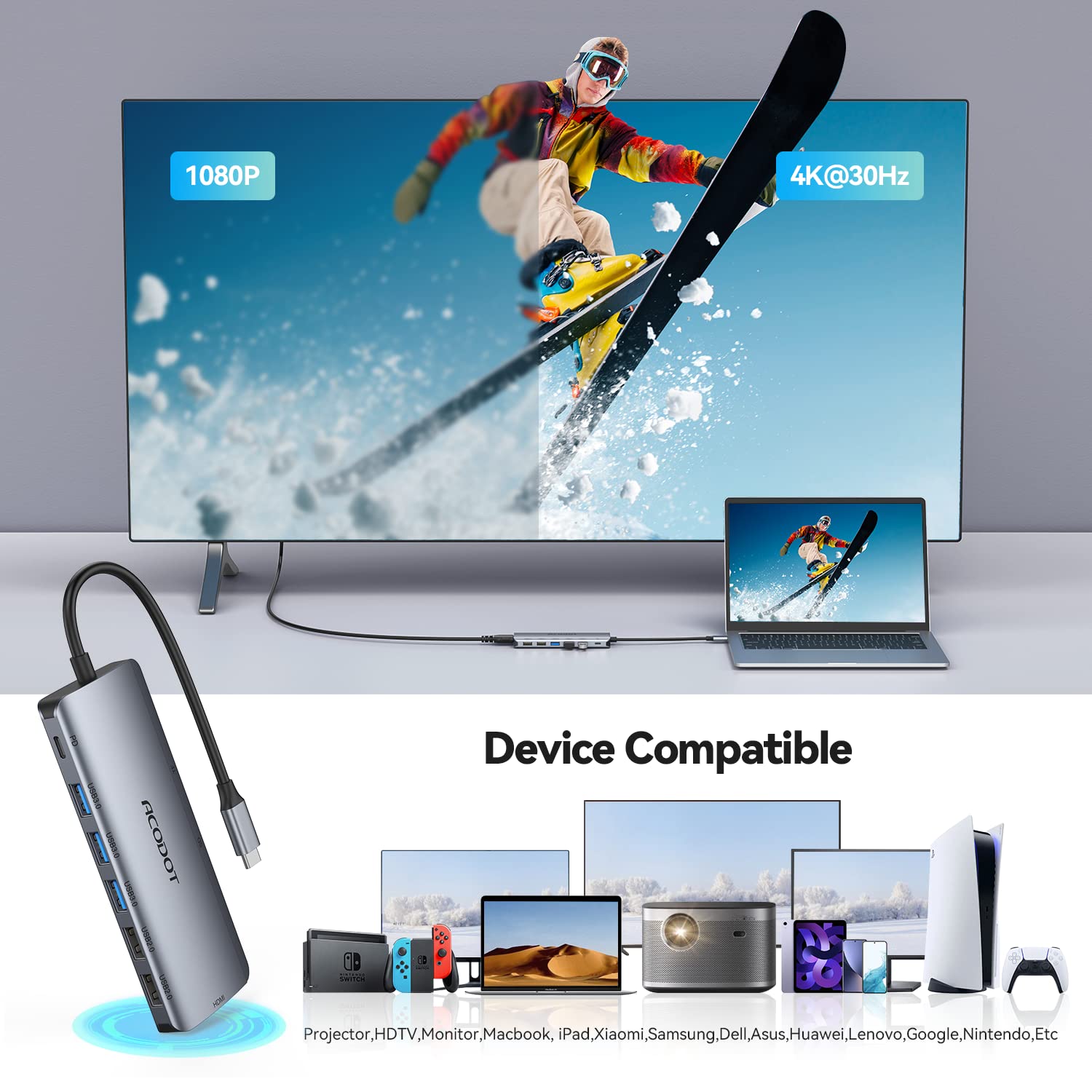 USB C Hub, Acodot 9 in 1 Type C Hub Adapter Portable Docking Station Aluminum Dongle Compatible with MacBook Pro/Thunderbolt 3 Laptops of Type C Devices, with 4K HDMI/ 5 USB Ports/ 100W PD/SD/TF