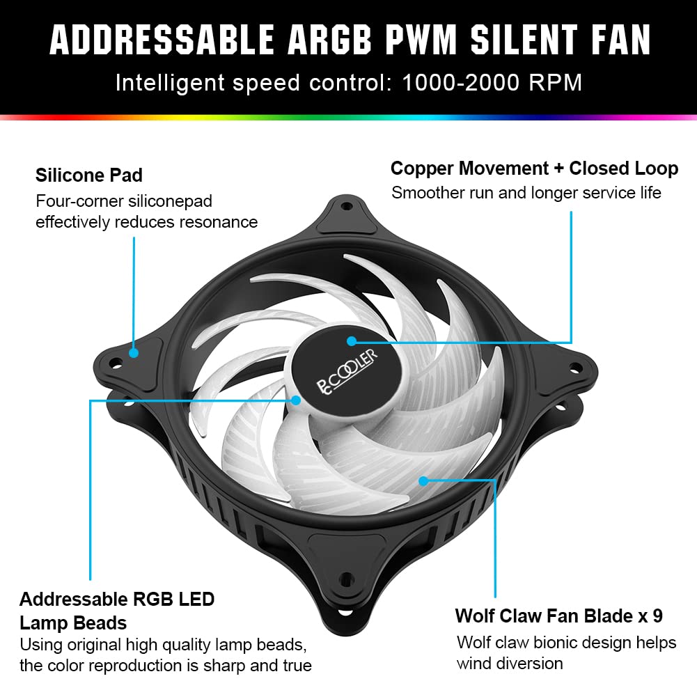 PCCOOLER 120mm Case Fan Dawn Series, 3M120HALO LED RGB Silent Fans - Advanced Lighting Customizations with 7 Colors&10 Lighting Modes - PWM High Performance Cooling Fan for PC Case Computer Fan