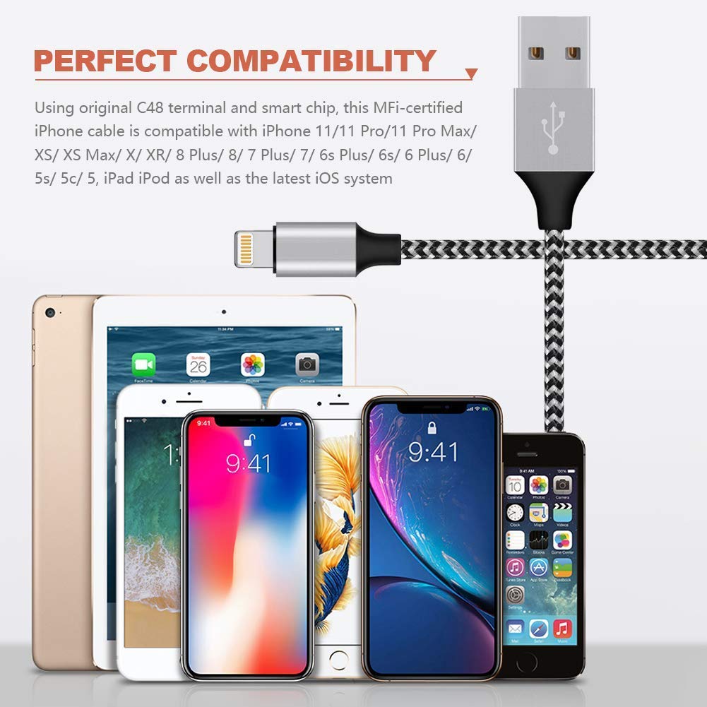 YEFOOT iPhone Charger, MFi Certified Lightning Cable 5PACK 6FT Nylon Woven USB Charging Cable with Metal Connector Compatible iPhone 11/Pro/Xs Max/X/8/7/Plus/6S/6/SE/5S iPad-Black&White