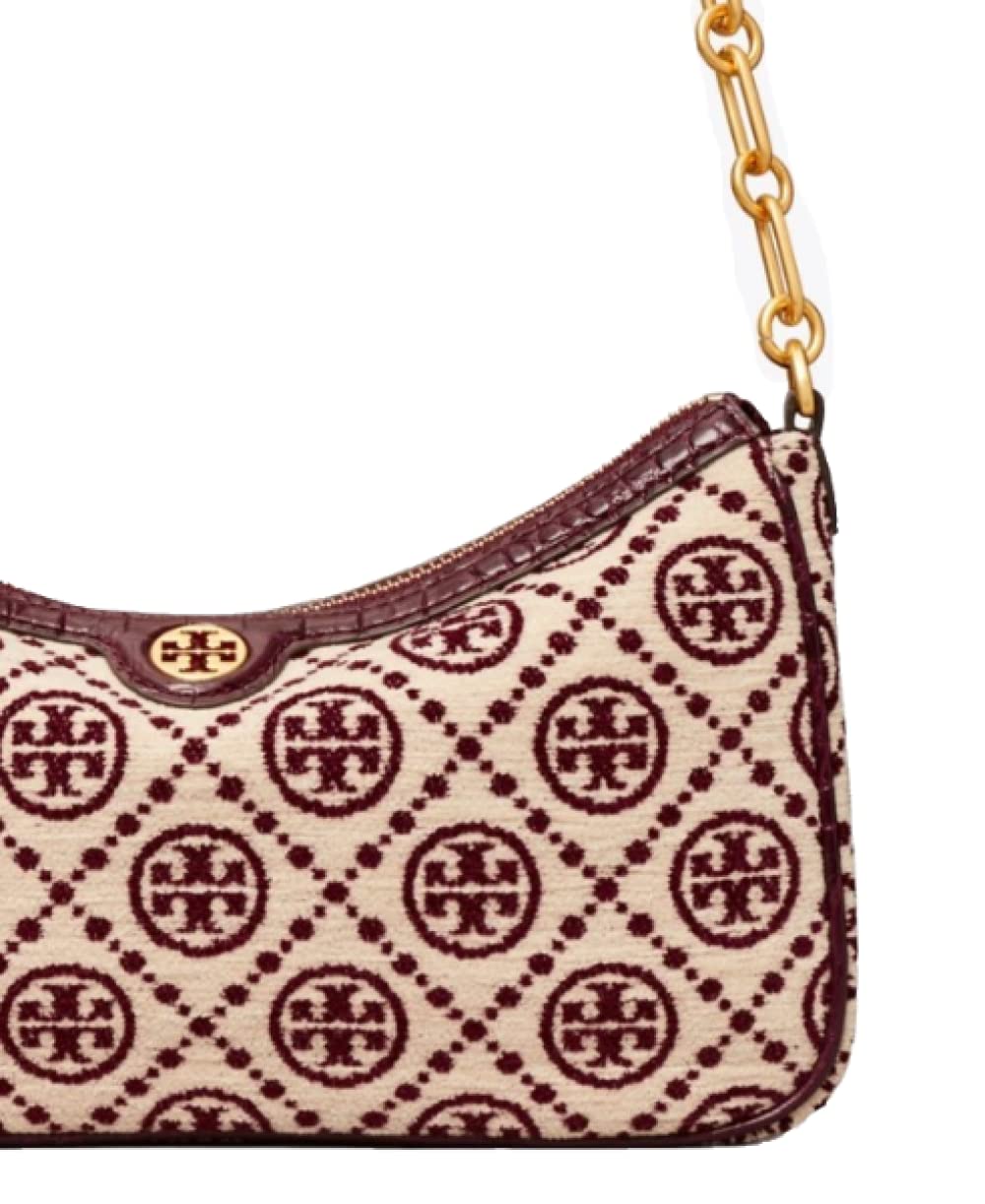 Tory Burch Women's T Monogram Chenille Studio Bag, Claret/New Cream, Red, Graphic, One Size