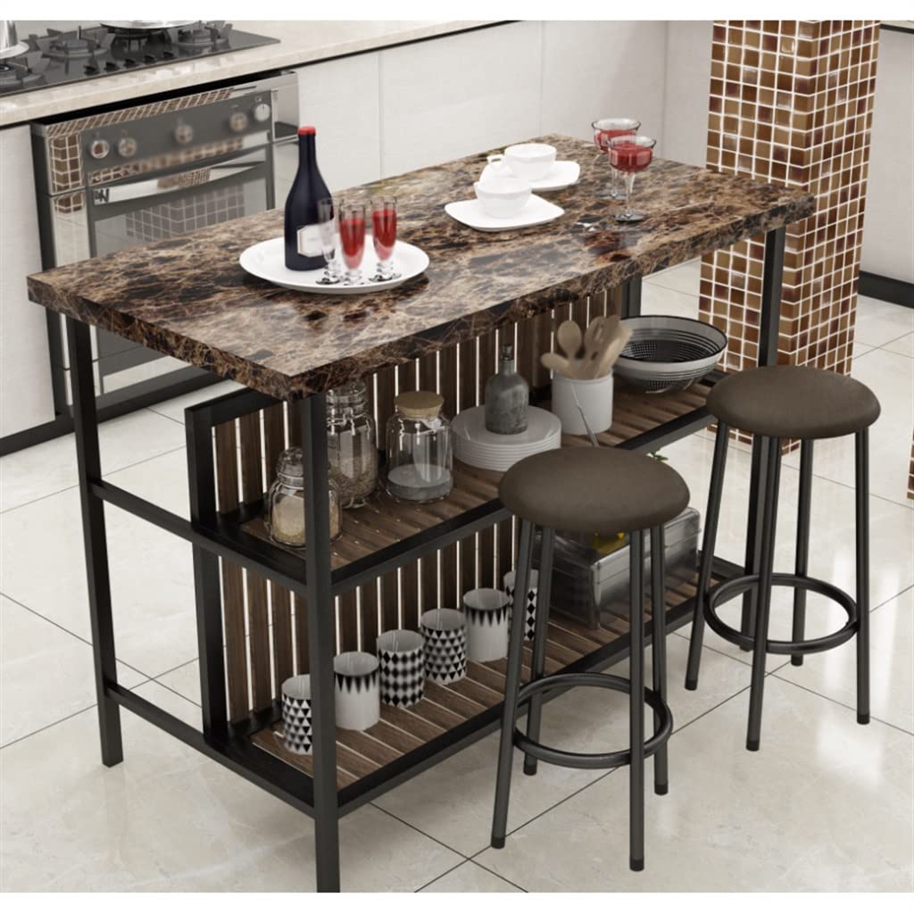 WFHTU 3 Piece Kitchen Island Set with 2 Stools and 2 Shelves Faux Marble Dining Table Set