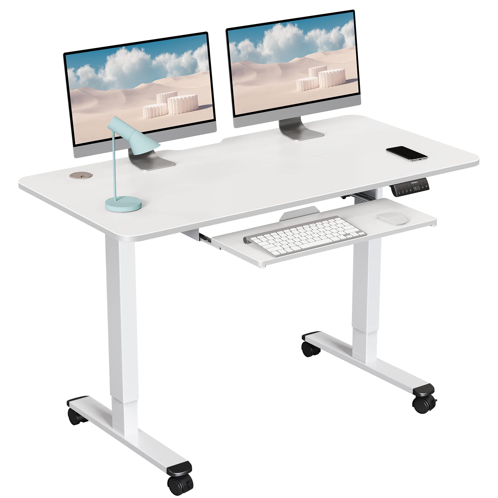 WOKA Electric Standing Desk Adjustable Height, 48 x 24 Inches Stand up Desk with Keyboard Tray, Sit Stand Desk with Memory Controller for Home Office, Motorized Desk with Splice Board, White