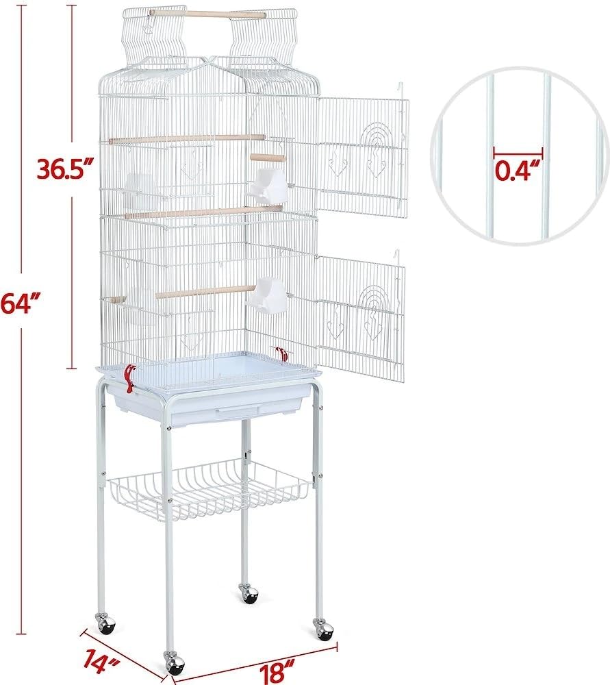 TENAS Deluxe 64-Inch Metal Bird Cage - with Open Top Design and Rolling Bracket - Premium Rust Resistant Wire - Easy-to-Clean Base - 360 Degree Rolling Casters - Convenient Slide-Out Tray (White)