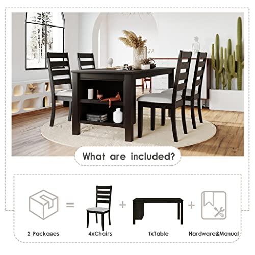 WFHTU Kitchen 5 Piece Dining Table Farmhouse Wood W/2 Tier Storage Racks 4 Person Kitchen Set W/Upholstered Dining Chair