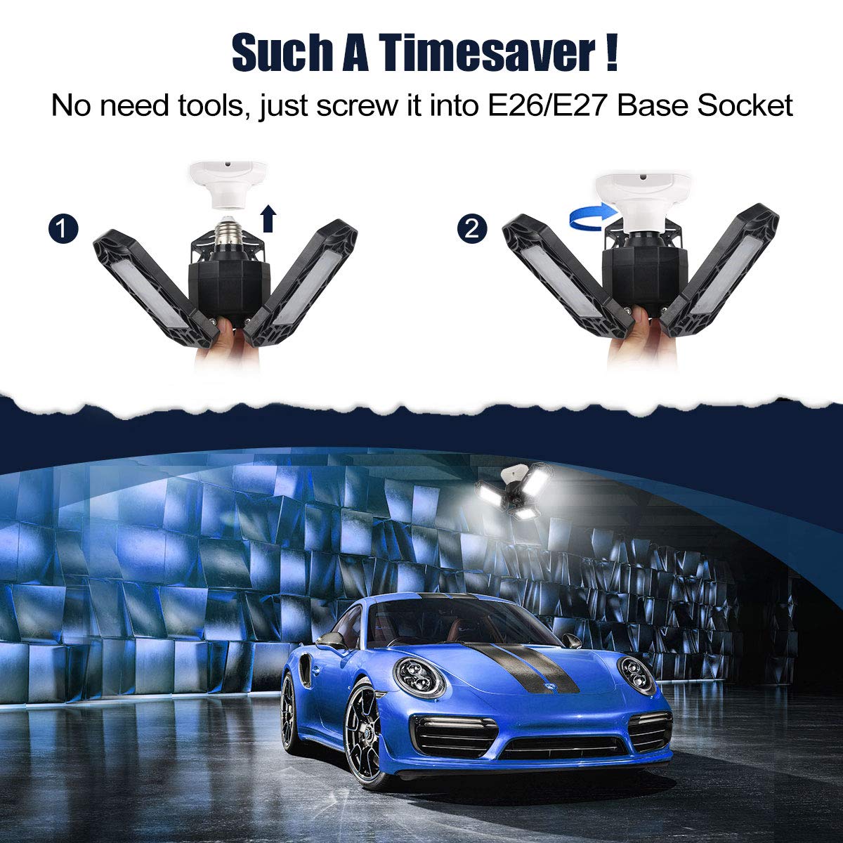 Three Leaf Garage Light Deformable Led Garage Lights 40W 4000 lumens Plastic Triple Glow Led Garage Light E26 Tribright Led Adjustable Lighting Trilight Garage Light for Garage Basement(2 Pack)