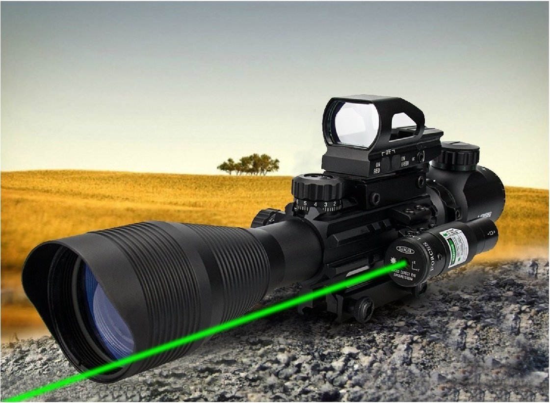 THEA C4-12X50 Scope Dual Illuminated Reticle w/Green Laser Sight and 4 Tactical Holographic Dot Reflex Sight (12 Month Warranty) (Green)