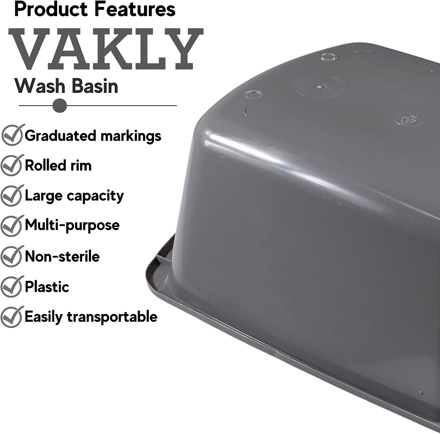 Wash Basins – Rectangular Plastic Hospital Bedside Soaking Tub [2 Pack] Small 7 Quart Graduated Bucket - Portable Washbasin for Washing, Cleaning, Foot Bath, Washing Dishes, Face Cleansing Bowl