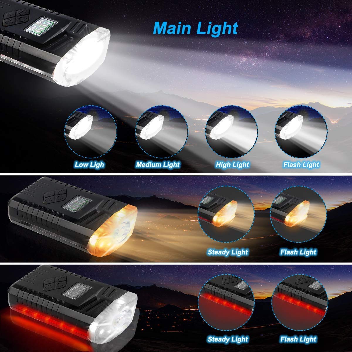 USB Rechargeable Bike Light and Tail Light Set with Alarm Horn, Super Bright Waterproof Bicycle Headlight Taillight Combinations Front Back Light & Bell for Cycling Riding Safety Warning