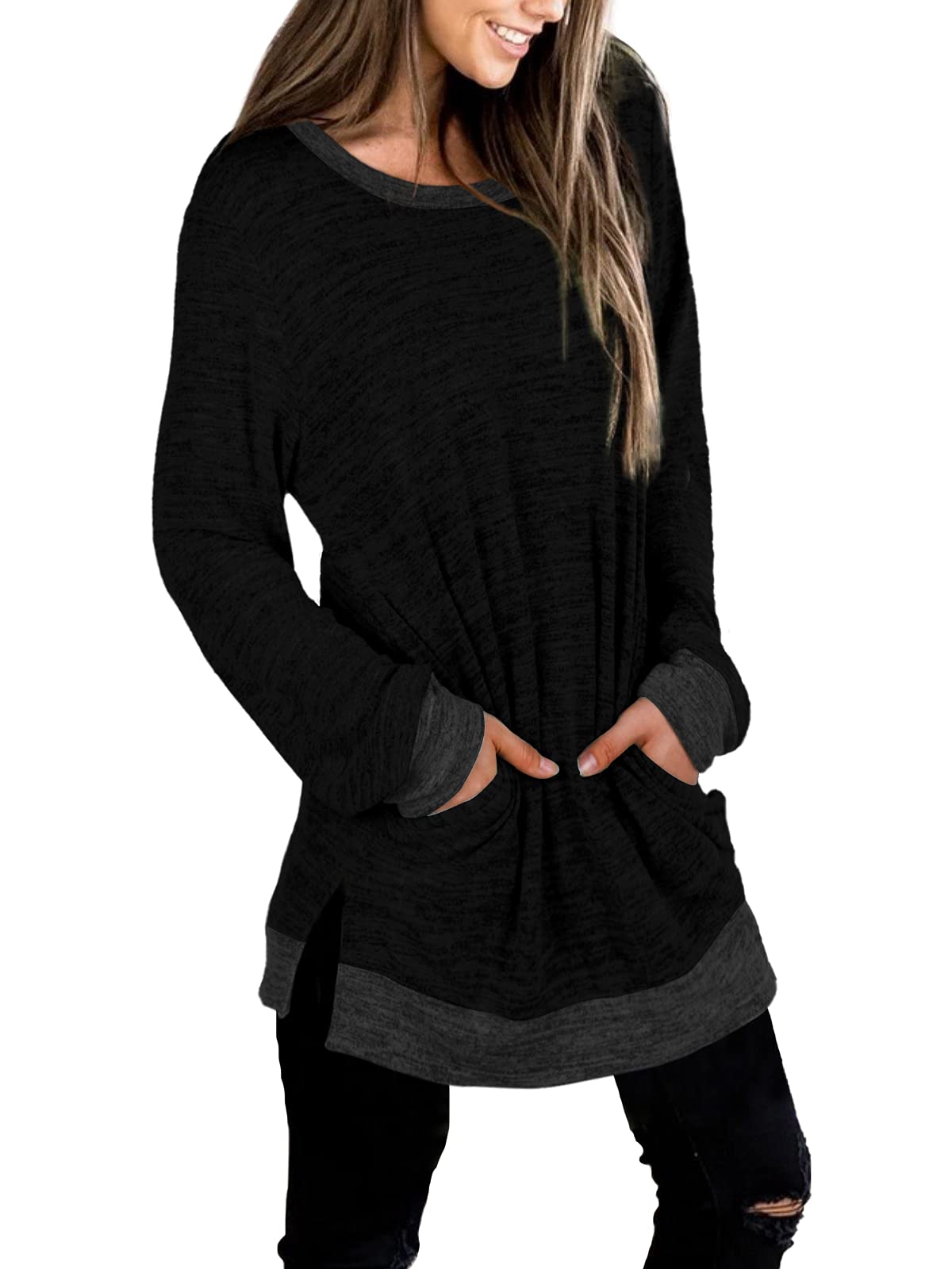XIEERDUO Black Crew Neck Sweatshirt Womens Lightweight Sweater Tunic Long Sleeve Tops Fall XL
