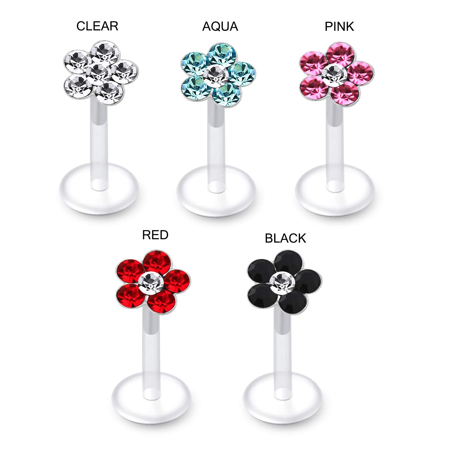 White Crystal Stone Flower Silver Push-Fit Top with 16Gauge(1.2MM) - 10MM Clear UV BioFex Labret Tragus Bars