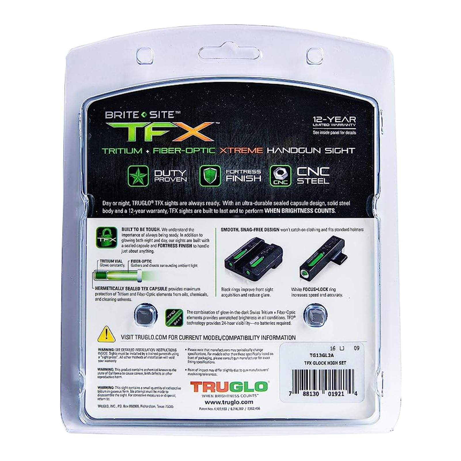 TRUGLO TFX Handgun Sight | Durable Shock-Resistant Compact Brightly Glowing Tritium & Fiber-Optic Xtreme Day/Night Sight, Compatible with Glock High Handguns,Black