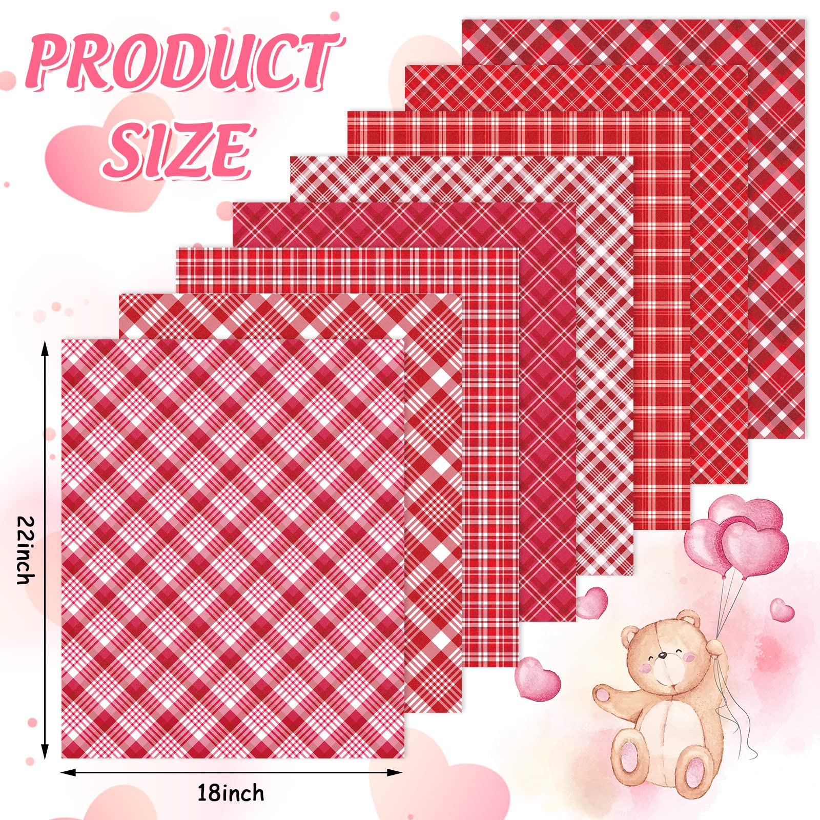Whaline 8Pcs Valentine's Day Cotton Fabric Bundles 18 x 22 Inch Buffalo Plaid Fat Quarters Red White Plaid Quilting Patchwork Squares Sewing Fabrics for DIY Handmade Crafting Home Party Decor