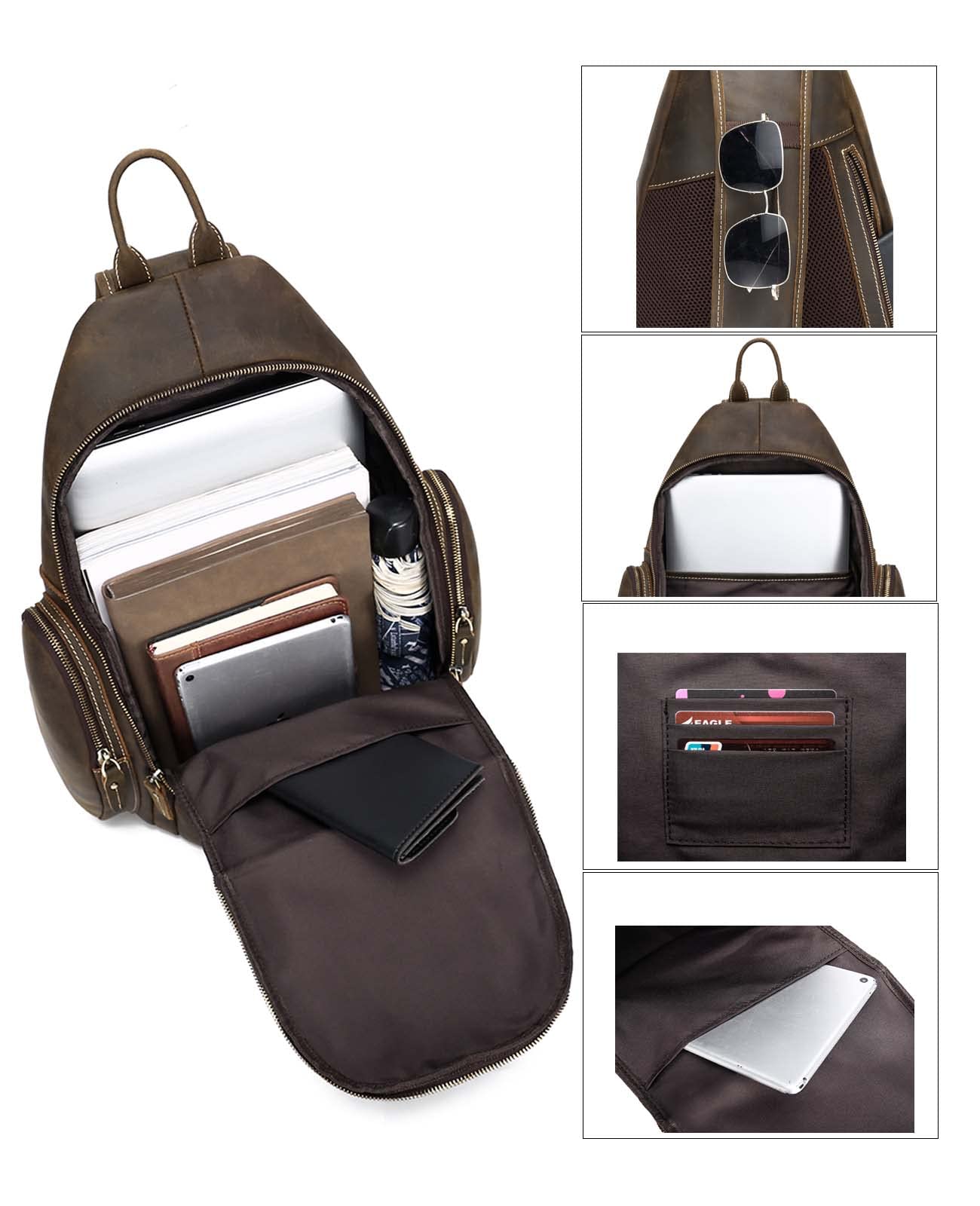 Taertii Full Grain Genuine Leather Sling Bag, Fits 14 inch Laptop, Travel Chest Crossbody Shoulder Sling Backpack Purse Daypack 17L - Brown
