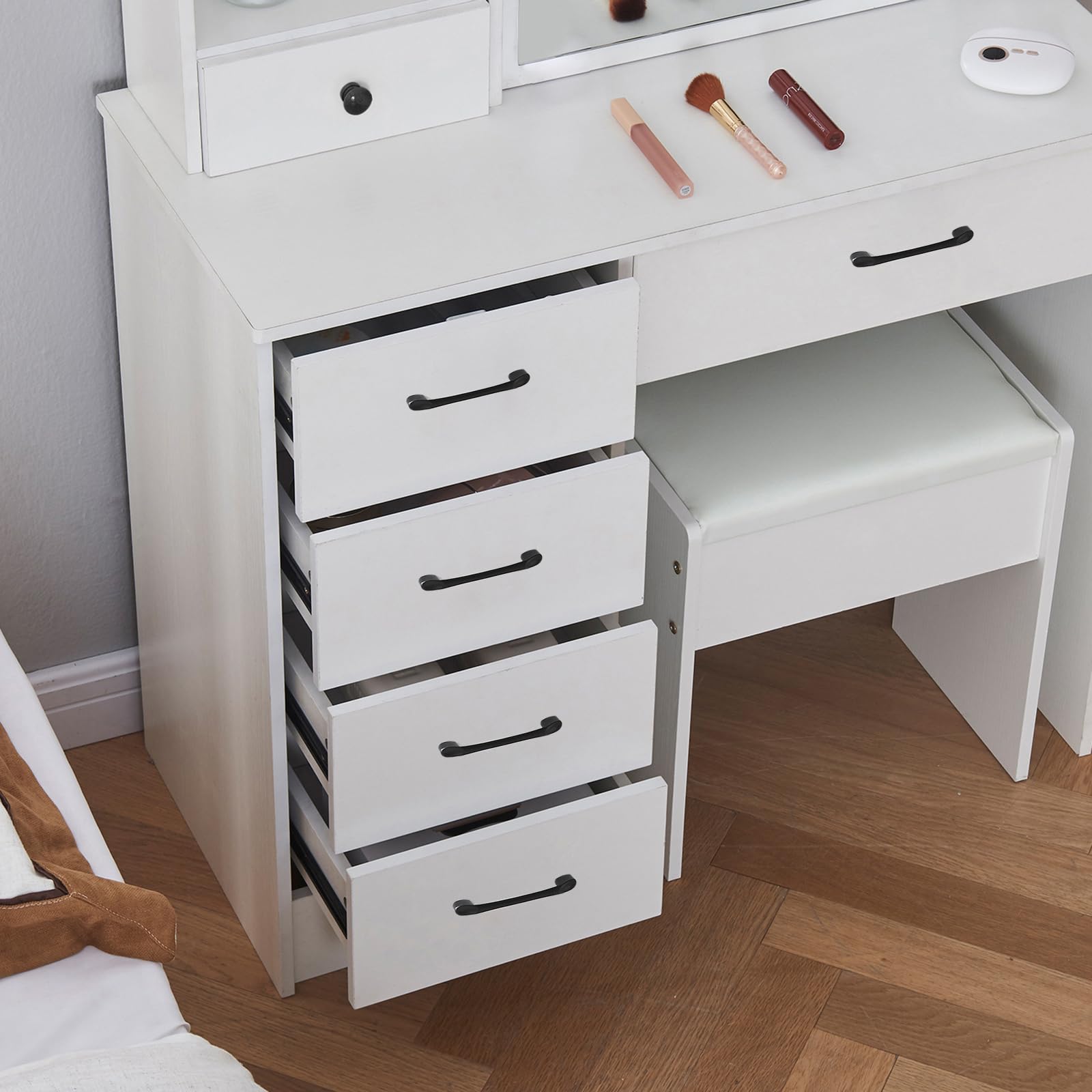 White Vanity Desk with Mirror and Lights, Vanity Table with LED Lighted Mirror, 6 Drawers Large Makeup Table with Lots Storage, Bedroom Sets Vanity Mirror with Lights Desk and Chair