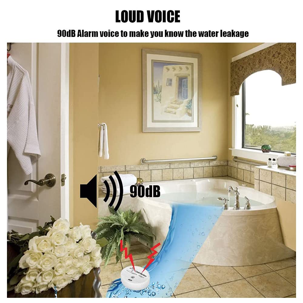 WER Water Leak Alarm Sensor, Battery Operated Leak Alert, 90dB Water Detector for Basements, Bathrooms, Laundry Rooms, Kitchens, Garages and All Office Areas (Shipped Without Battery, 2 Pack)