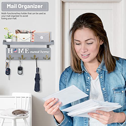 Toosci Key and Mail Holder for Wall, Mail Organizer and Key Holder with Tray, Wall Key Rack with 4 Dual Key Holder, Solid Wood Key Holder for Country Home Decor, for Entryway and Offices (Gray)