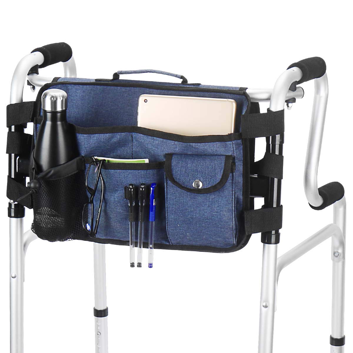 Walker Bag-Double Sided Walker Pouch with 9 Pockets for Large Capacity Water Resistant Tote Folding Walker Basket Caddy Universal fit Walker, rollator (Flower)