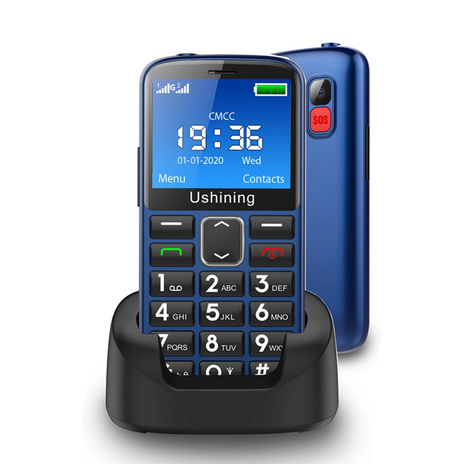 USHINING Seniors Cell Phones Unlocked SOS Button Hearing Aid Compatible 3G T Mobile Cell Phones for Seniors Large Volume 2.4 Inch HD Screen Basic Cell Phones with Charging Dock (Blue)