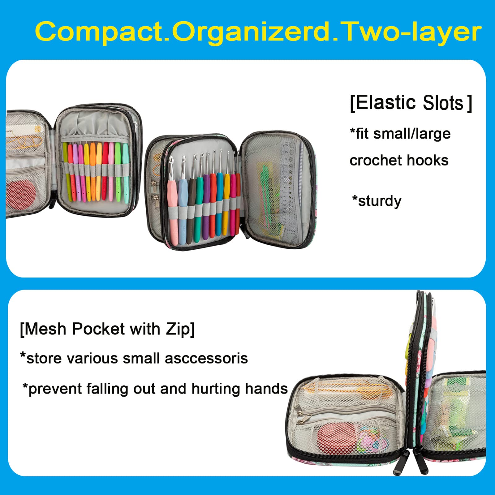 YAOYUE Set of 38pcs Crochet Kit-12 pcs Extra Long Ergonomic Crochet Hook Set Size 2mm-8mm Knitting Needles with Storage Bag and Crochet Accessories
