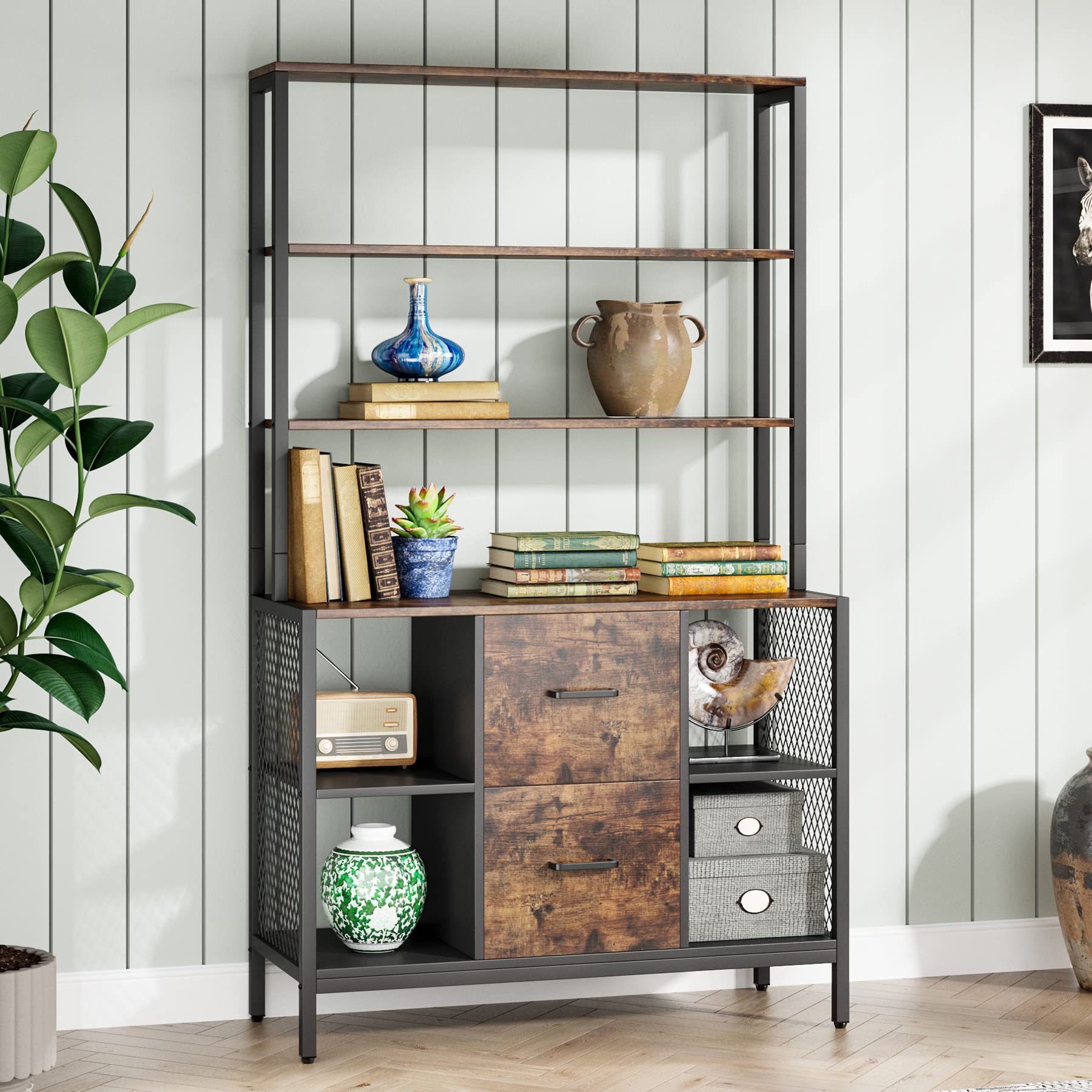 Tribesigns 2-Drawer File Cabinet for Letter Size, 6-Tier Vertical Filing Cabinet with Bookshelf Tall, Large Industrial Printer Stand with Open Storage Shelves for Home Office, Rustic Brown