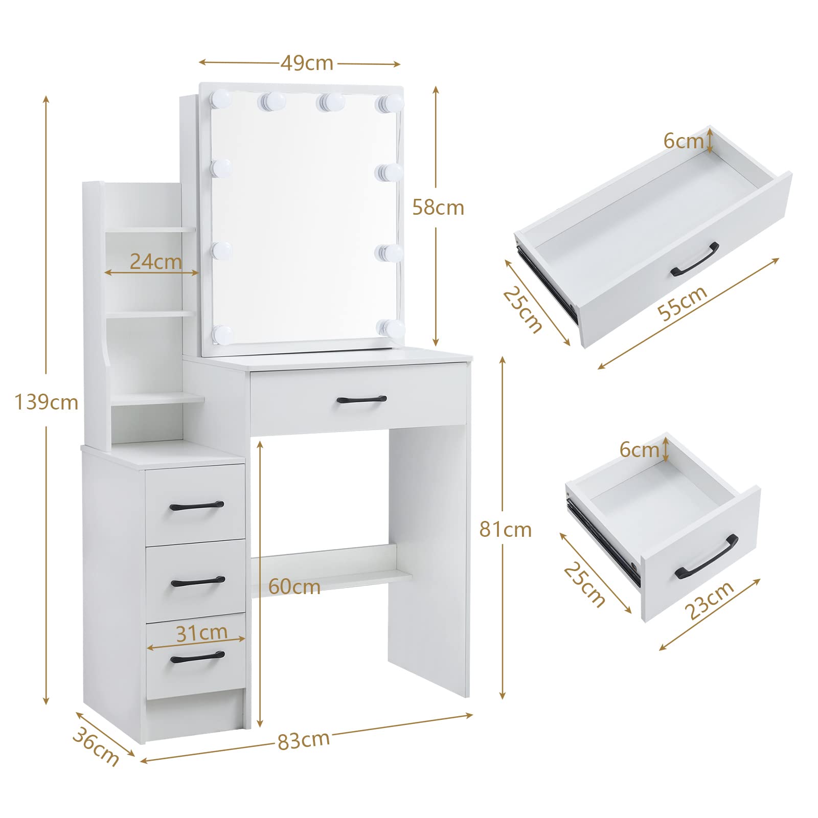 White Vanity Desk Set with Lighted Mirror, Makeup Vanity Table with 4 Drawers, Storage Stool for Bedroom, Bathroom