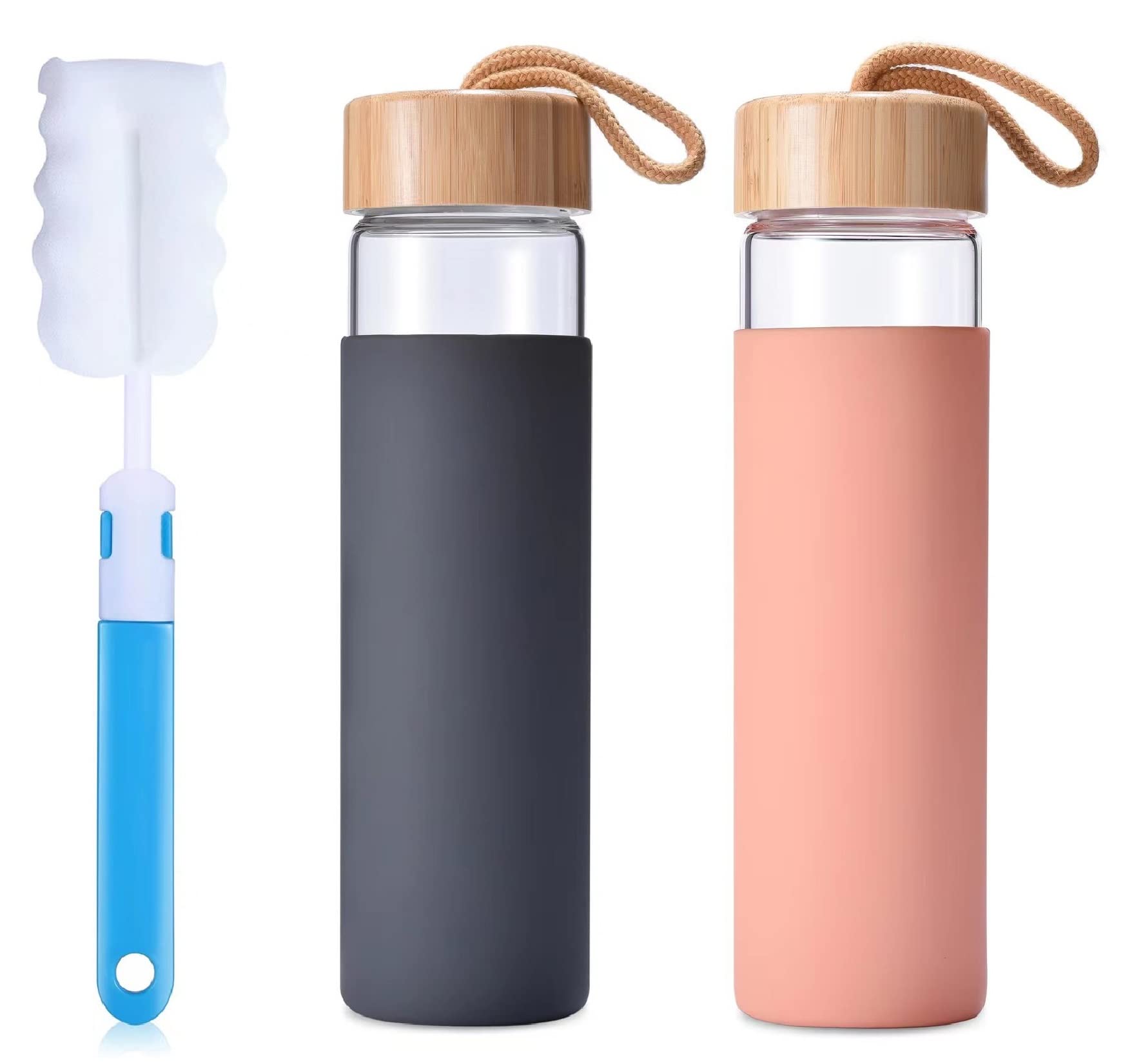 Yomious 20oz Bundle with 25oz Glass Water Bottle with Bamboo Lid and Silicone Sleeve – Reusable BPA Free – Glass Drinking Bottle with Lids