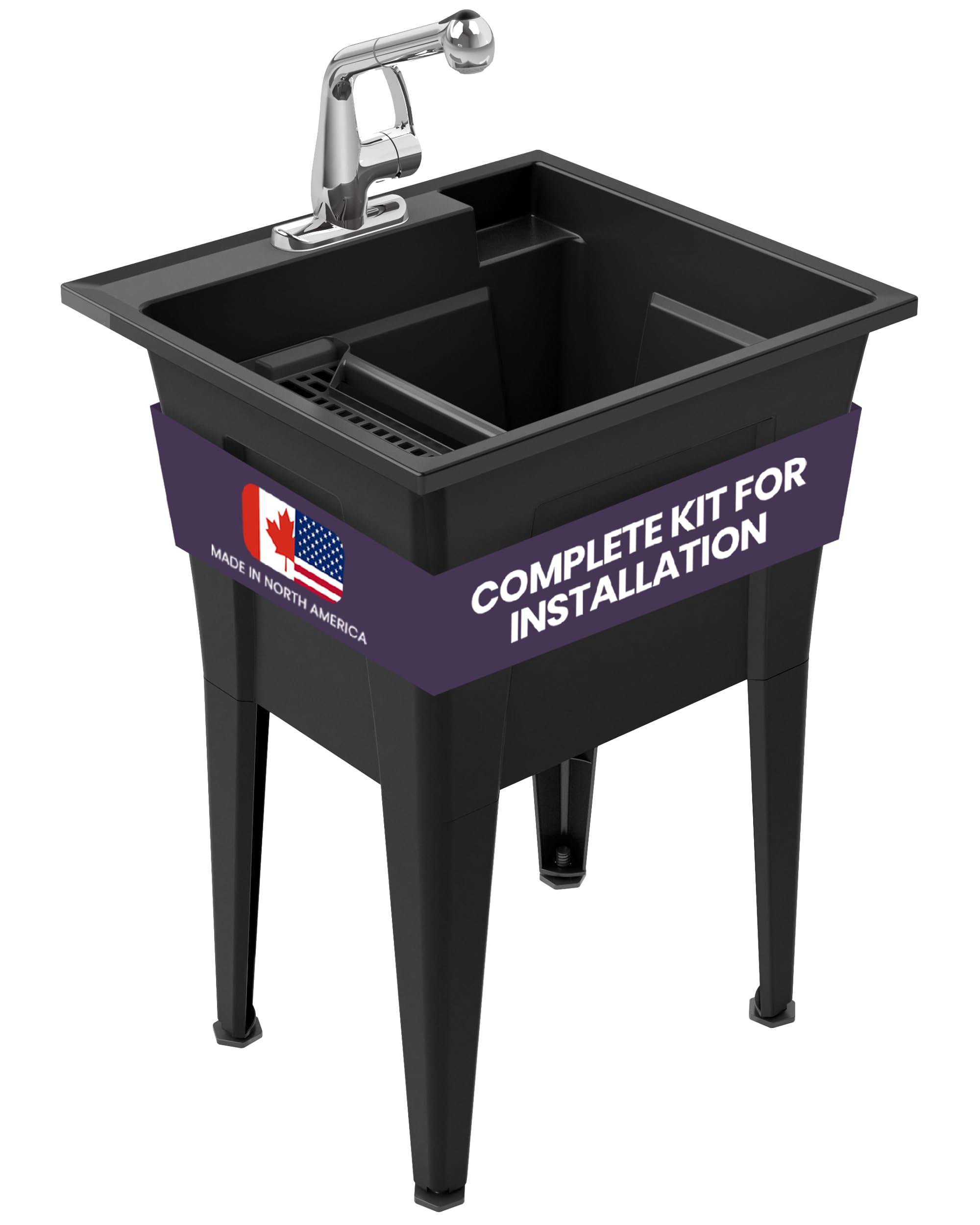 Utility Sink with One-Handle Black Plastic Faucet – Polypropylene Laundry Sink, White Garage Sink, Indoor and Outdoor Use – Complete Sink Set by Noah William Home (24” X 22” X 34” 19.5 Gallons)