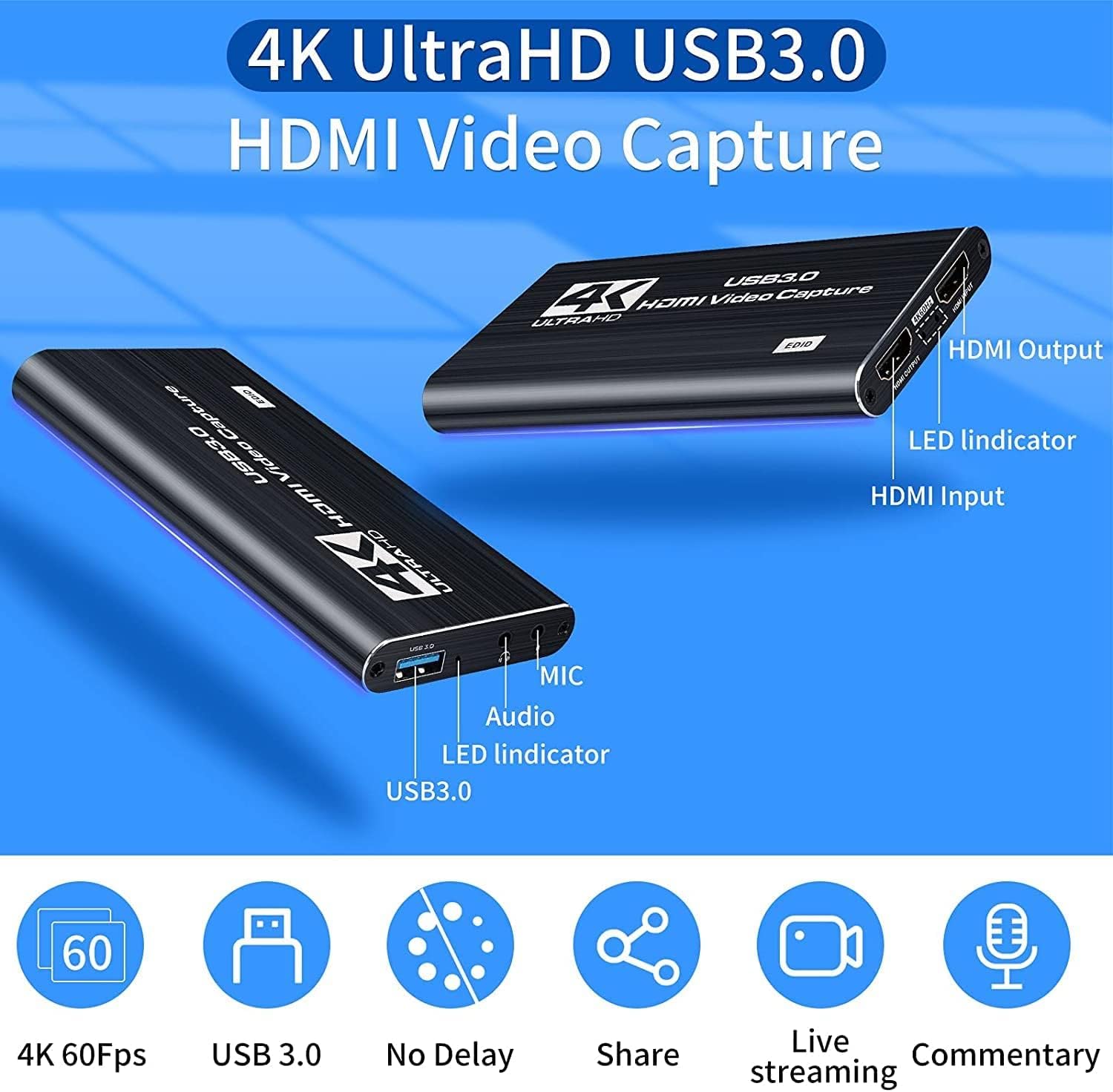 USB Video Capture Card - HDMI to USB 2.0 - HD 1080p 30fps - Zero Latency Loop-Out Port - Premium Metal Casing - Ideal for Game Recording, Broadcasting, Gaming or Live Streaming
