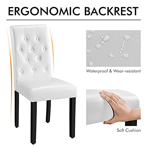 Yaheetech Dining Chairs with Leather Seat and Solid Wood Legs Button Tufted Padded Kitchen Chair Accent Side Chair for Home Kitchen and Restaurant, Set of 6, White