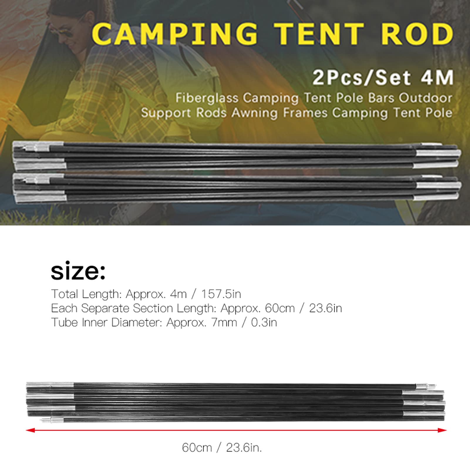 Tihebeyan Tent Pole, Fiberglass Adjustable Replacement Poles Rods Awning Frames Kit