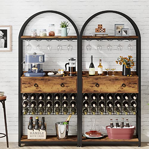 Tribesigns Wine Rack Cabinet Tall Freestanding Floor Liquor Cabinet with Glasses Holder and 1 Drawer, Industrial 21-Bottle Metal and Wood Wine Rack Table for Home Bar, Kitchen, Dining, Rustic Brown