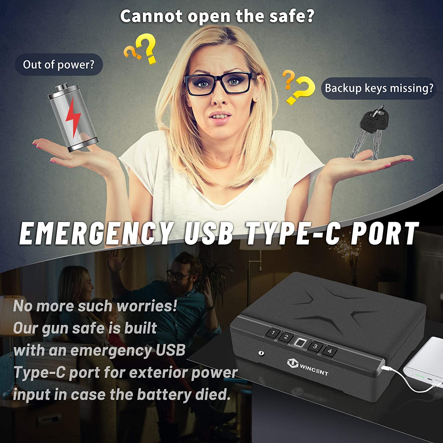 WINCENT Biometric Gun Safe, Quick Access Gun Safes for Pistols -Two Guns Capacity Pistol Safe | Fingerprint & Keypad Firearm Gun Safe Lock Box with Auto Open Lid & LED Light