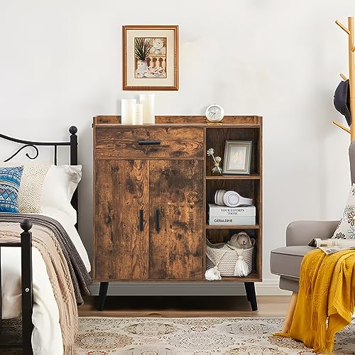 usikey Storage Cabinet, Floor Storage Cabinet with 2 Doors & 3 Shelves, Mid Century Cabinet, Accent Cabinet for Living Room, Entryway, Office, Rustic Brown