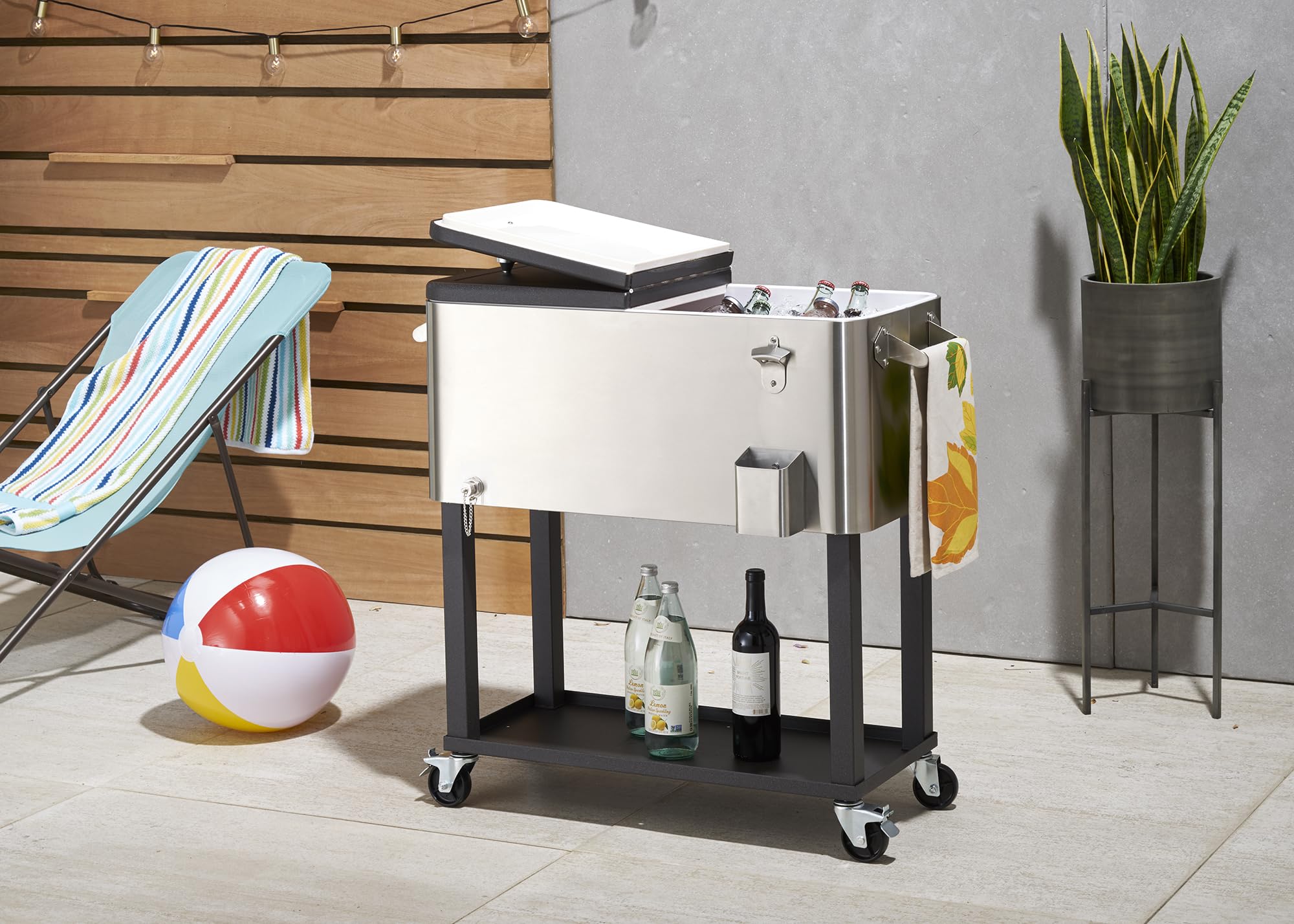 TRINITY Stainless Steel Beverage Cooler and Ice Chest with Wheels and Protective Cover, Rolling Cart with Shelf for Patio, Outdoor Bar, Catering, and Restaurants, 80 Quart Capacity