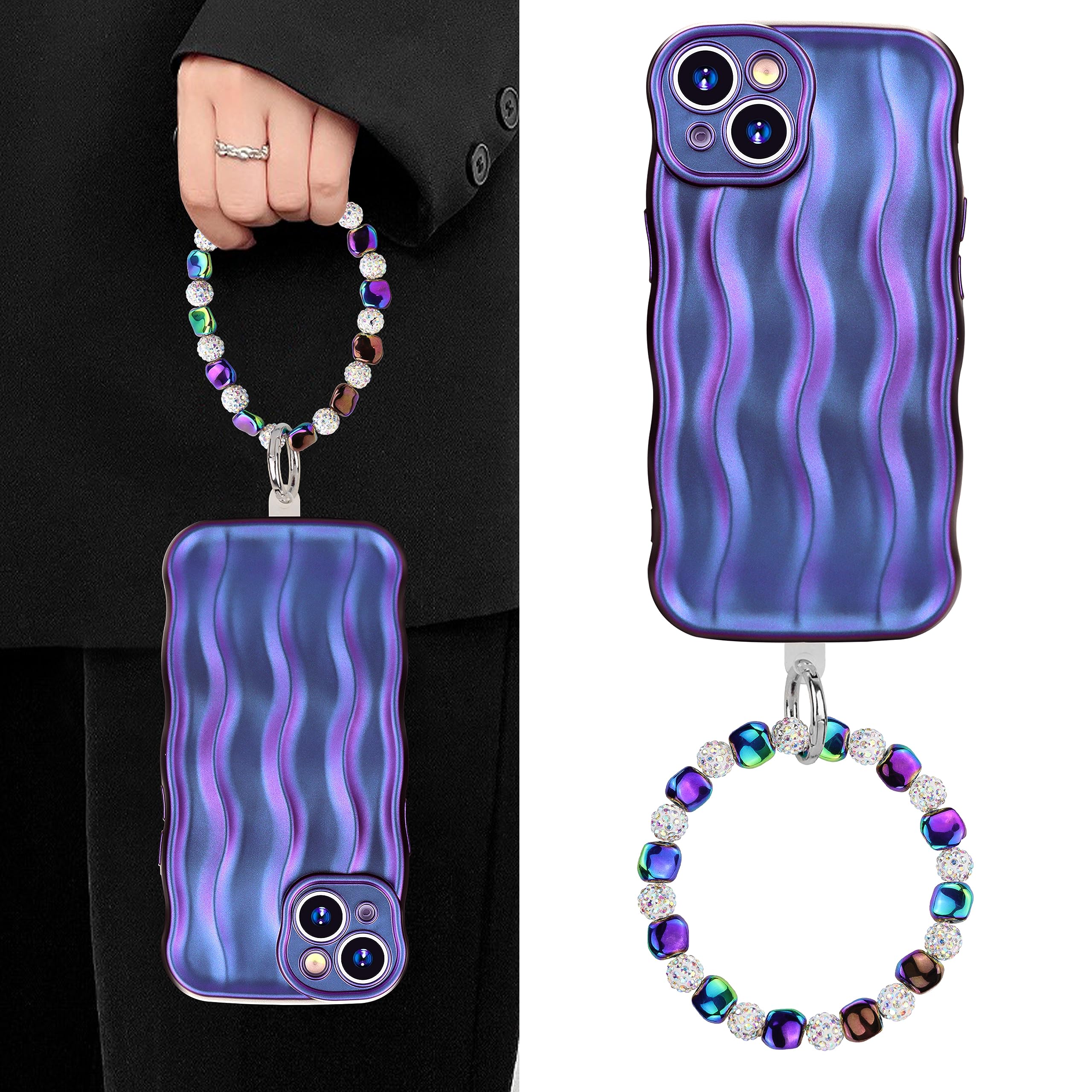 Ucharmbead Compatible with iPhone 14 Pro Phone Case with Phone Wrist Strap Cell Phone Chain Beaded Charms Lanyard Water Ripple Design Soft Cover for Women Purple