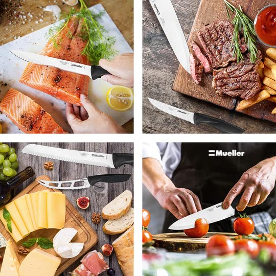 Stainless Steel Knife Set with Block - 17 Piece High Carbon Carving Set with Knife Sharpener, Bonus Peeler, Scissors, Cheese, Pizza Knife and Stand - by Mueller Austria