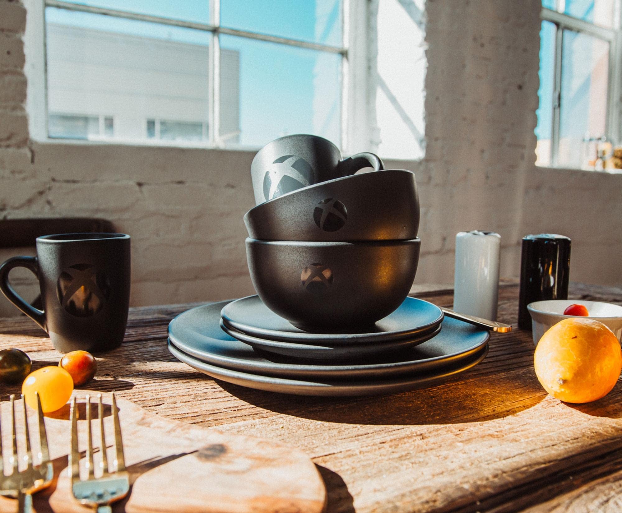Ukonic Xbox Matte Black 8-Piece Ceramic Dinnerware Set | Includes Salad Plates, Soup Bowls, Mugs