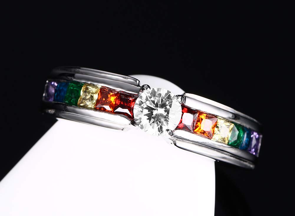 VNOX Stainless Steel Gay Pride Rainbow CZ Relationship Engagement Promise Rings Weeding Band for Lesbian,Size 8