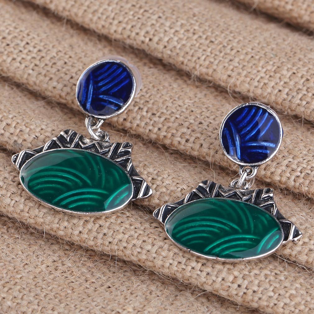 YAZILIND Ethnic Dark Blue Green Embossed Bib Collar Earrings Necklace Jewelry Set Women
