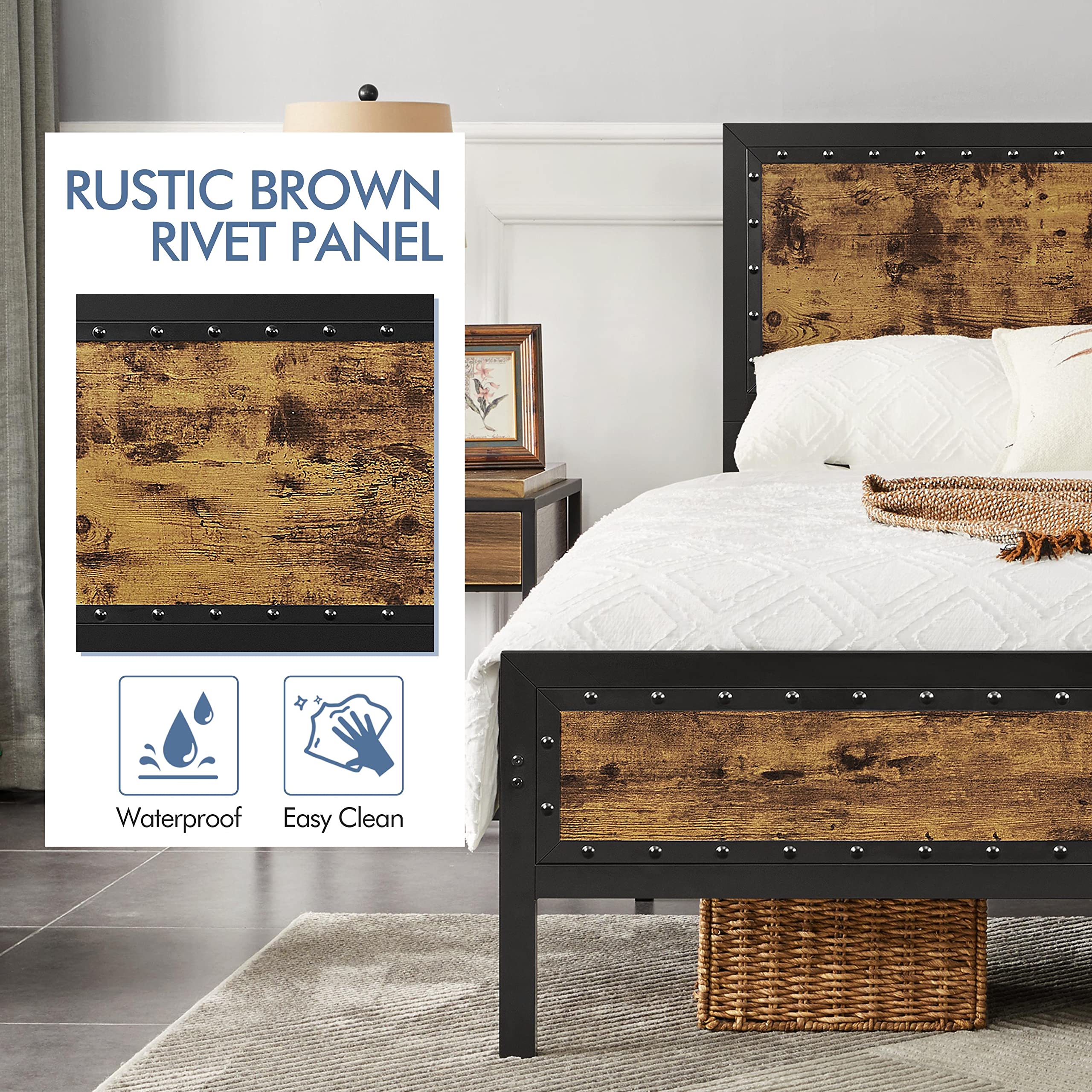 Yaheetech Queen Bed Frame Metal Bed with Rivet Design Wooden Headboard&Footboard, Modern Rustic Style/No Box Spring Needed/Easy Assembly, Rustic brown Queen Bed