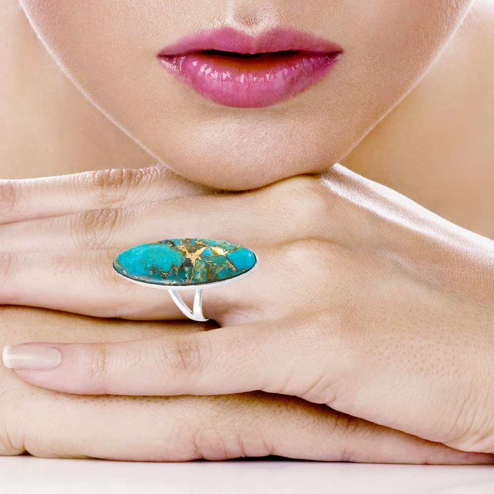 Turquoise Ring Sterling Silver 925 Genuine Gemstones Size 6 to 11 (Teal/Matrix Turquoise, 8)