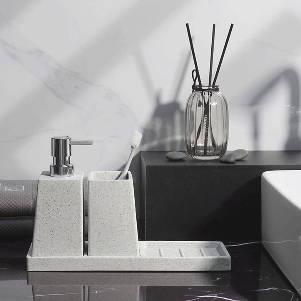 UTOYA Durable Geometry Bathroom Accessories Set Grey,Deluxe 3Pcs Sandstone Bath Vanity Counter Decor-Soap Pump Dispenser,Toothbrush Holder,Tray Replacement