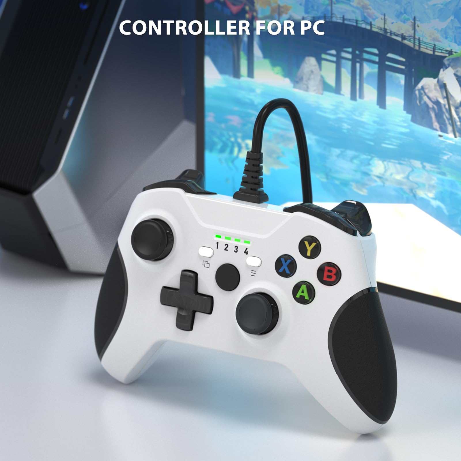 YCCSKY Wired PC Controller for Gaming, Game Controller for Windows 7/8/10/11 with 3.5mm Headphone Plug, Turbo Function, Dual Vibration and Share Button(White)