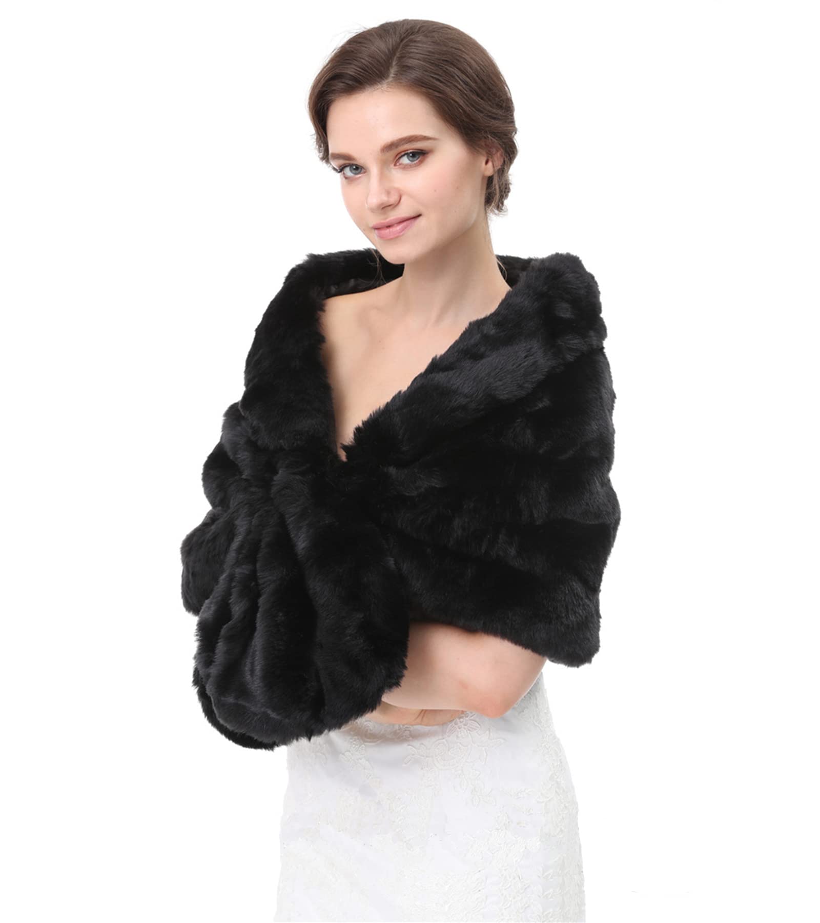 XMLMRY Faux Fur Shawl Women's Wrap Stole Shrug Luxury Winter Wedding Evening Party Bridal Bridesmaid Cover Up (Black, Lengthen)