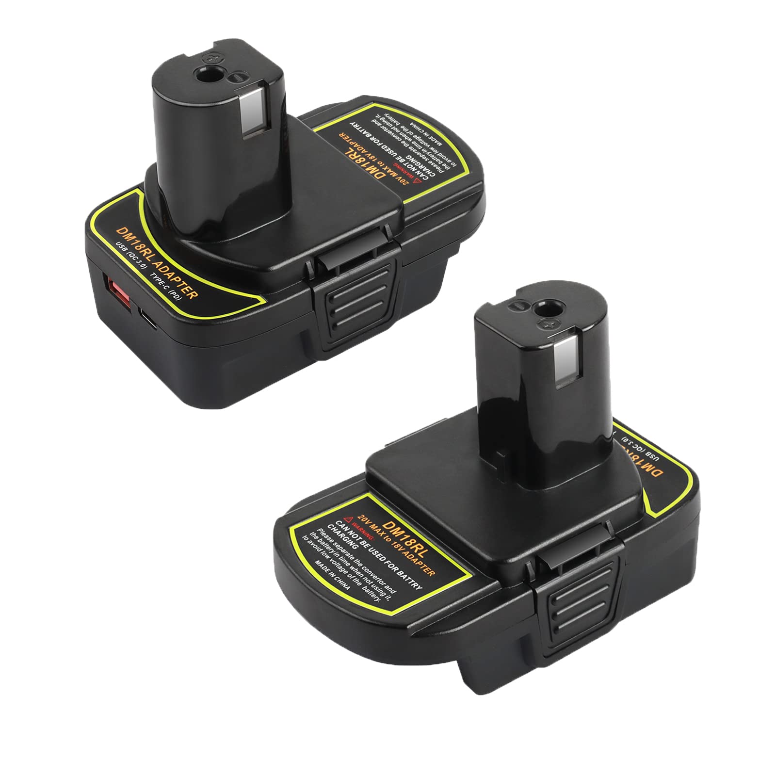 ZLWAWAOL 2 Pack DM18RL Battery Adapter Converter with USB Socket & Type-C Compatible for Dewalt 20V & Milwaukee M18 Li-Ion Battery Convert to Ryobi 18V P108 ABP1801 Battery