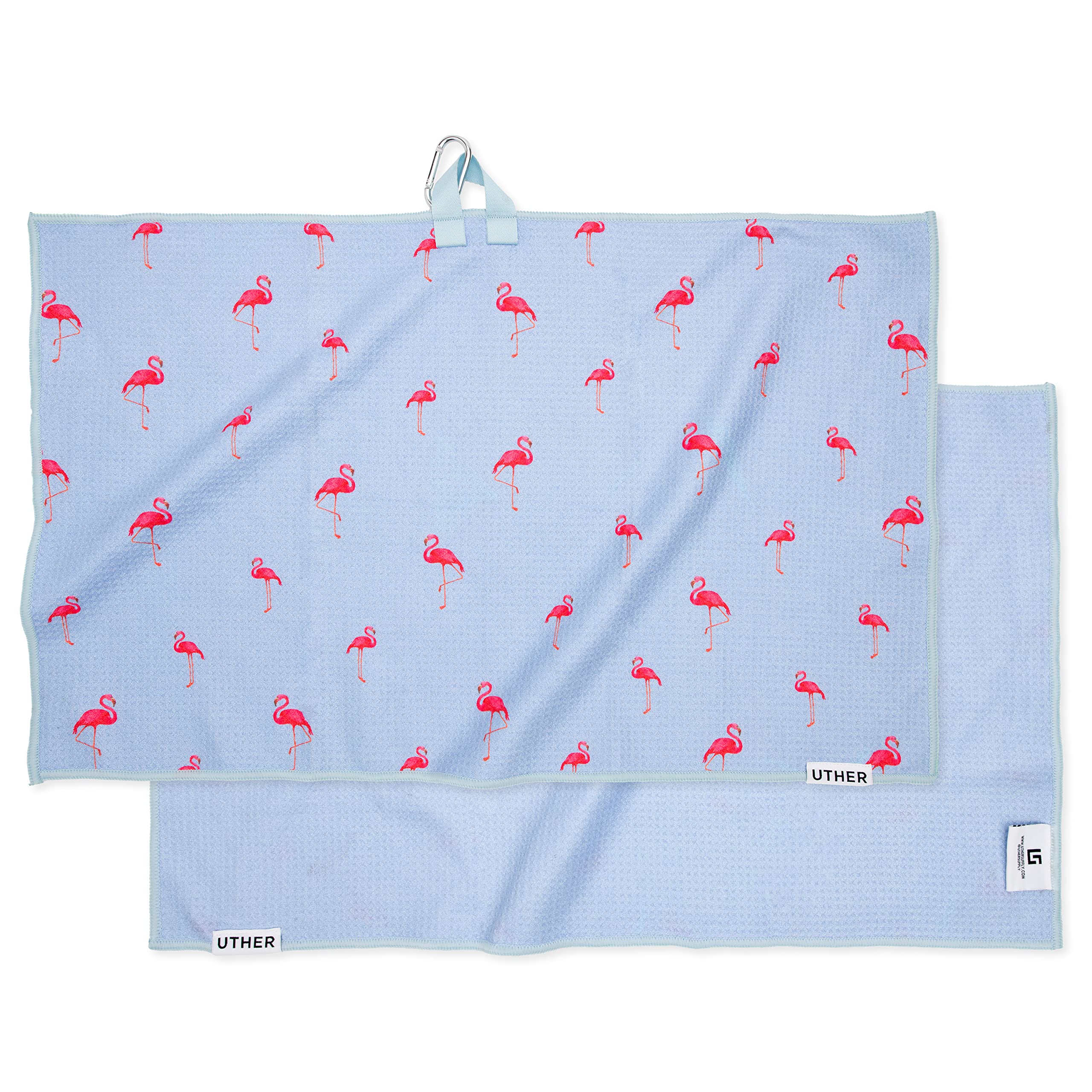 Uther Cart Golf Towel – Premium Microfiber Towel with Carabiner Clip, Golf Accessories – 15 Inch x 24 Inch, 20+ High Fashion Prints (Flamingo Lake)