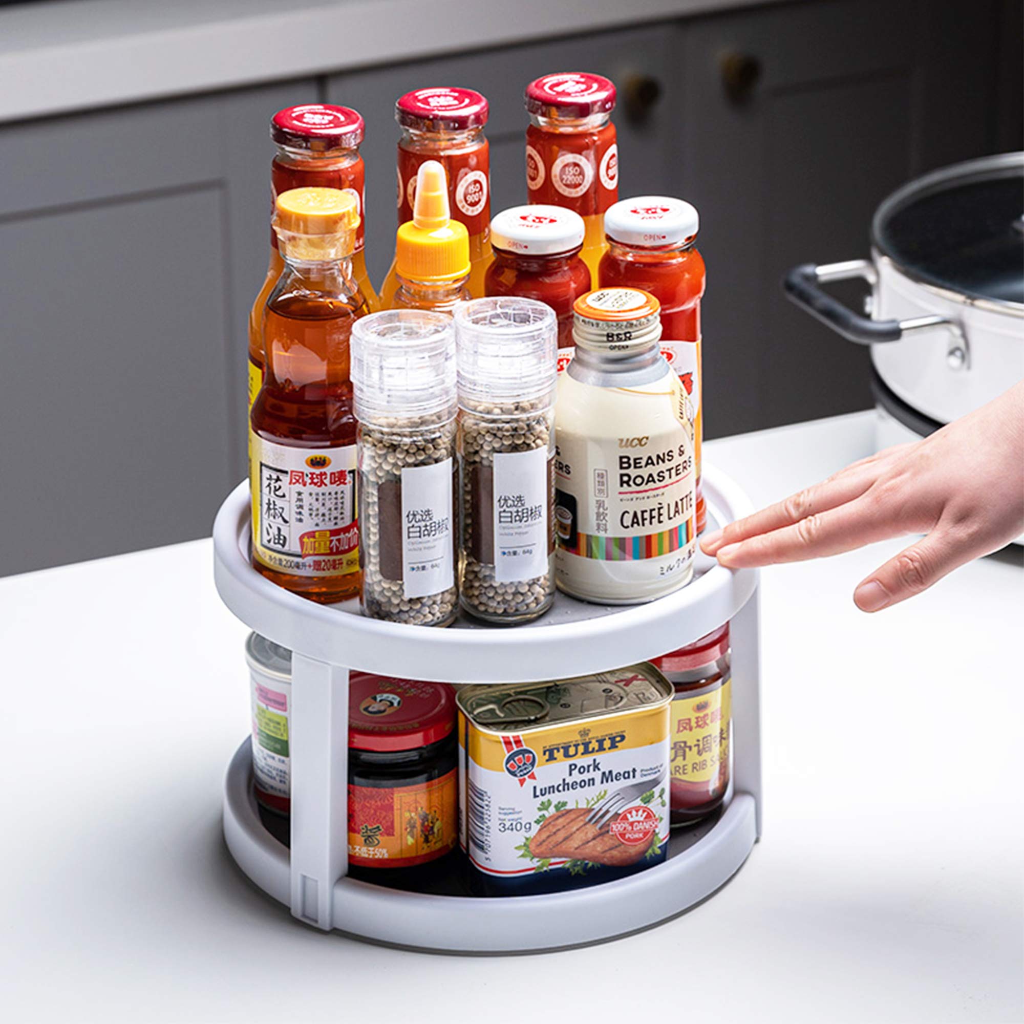 YCOCO 2 Tier Lazy Susan Turntable Cabinet Organizer,Non Skid Rotating Spice Rack,Kitchen Spice Organizer for Cabinets,for pantry,Bathroom,kitchen,White Set of 2