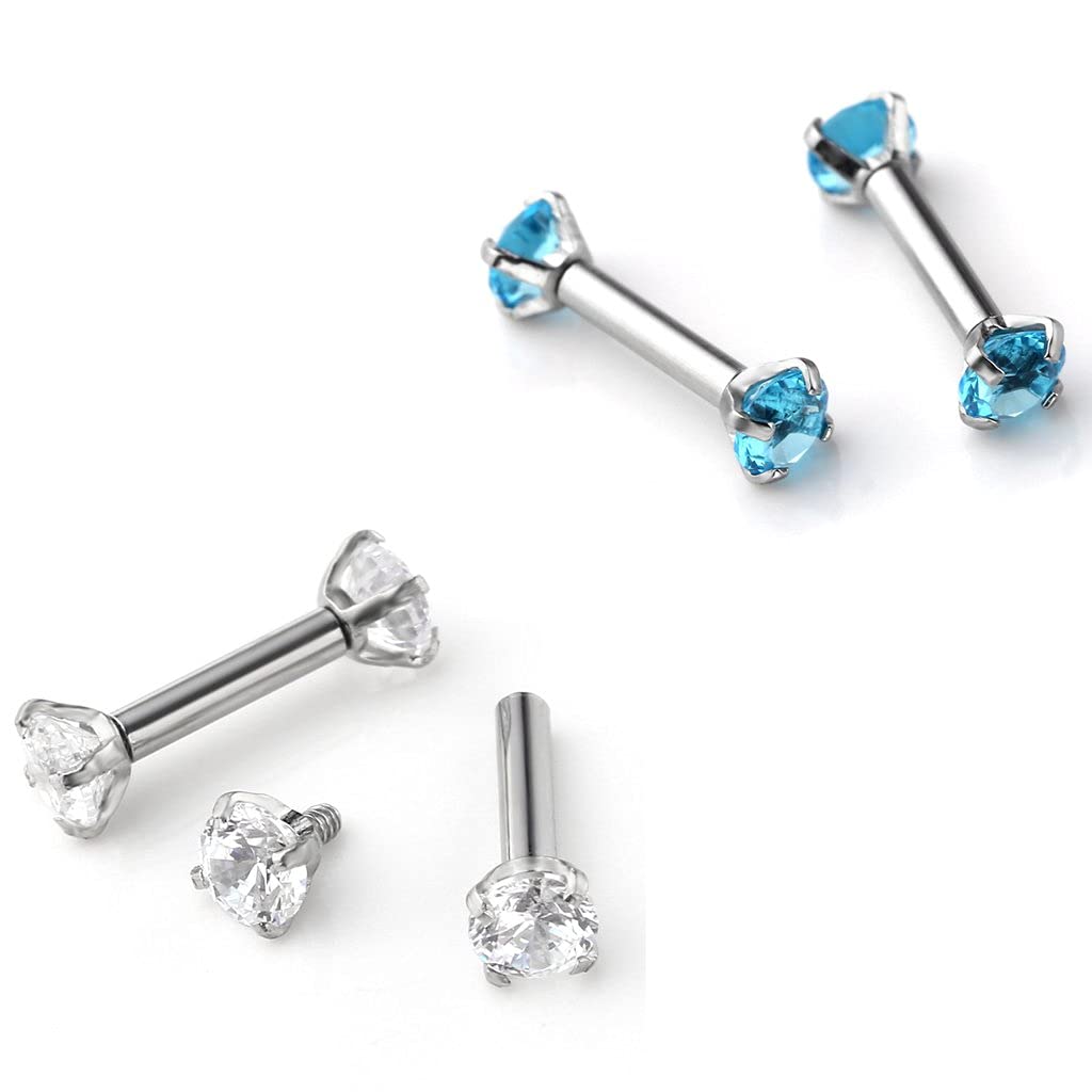 Zysta Small Rhinestone Blue Clear Cubic Zirconia Barbell Earring Studs Mini Cute Tragus Helix Cartilage Ear Lobe Nose Piercing Straight Bar 16G Screw on Stainless Steel